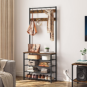 HOOBRO Hall Tree, Coat Rack with Shoe Rack, Hall Tree with Bench, 5 Tier Shoe Storage Organizer with 9 Hooks for Entryway, Closet, Sturdy, Industrial, Rustic Brown and Black BF80MT01G2