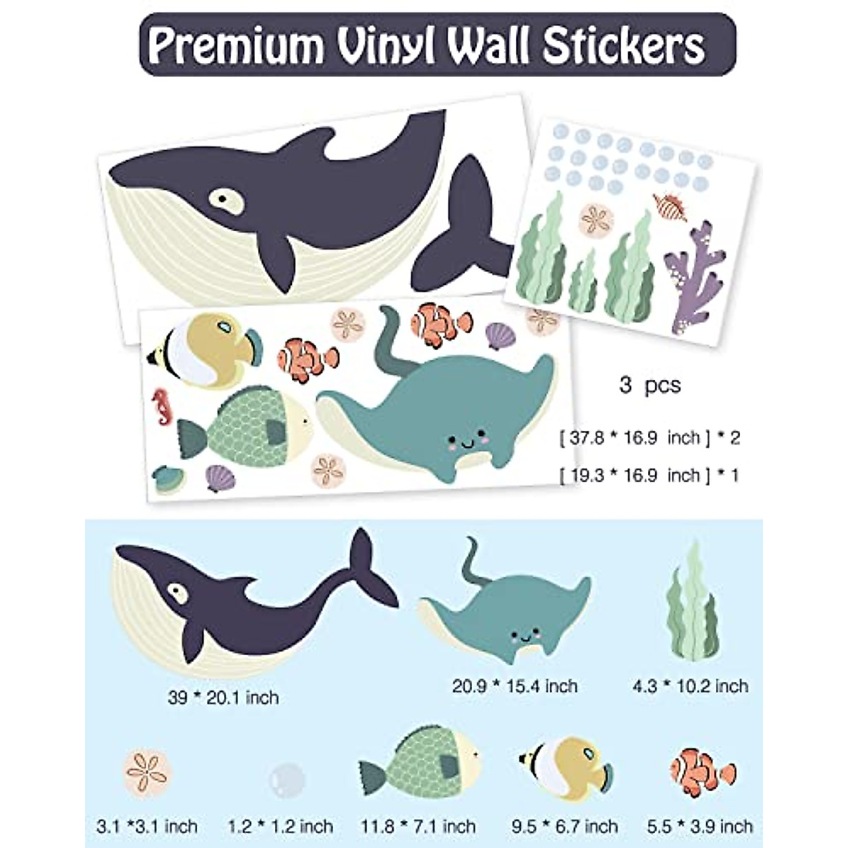 Ocean Fish Wall Decals Peel and Stick 39" Large Whale Wall Decal Under The Sea Wall Stickers for Kids Bedroom Ocean Decal Stickers for Baby Girl Boy Room Decor Undersea Fish Decor Wallpaper Stickers Mural Wall Art for Nursery Underwater Fish Decal