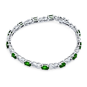 Bling Jewelry 9CT Simulated Green Emerald Cubic Zirconia AAA Oval CZ Romantic Love Knot Symbol Infinity Milgrain Tennis Bracelet for Women Silver Plated