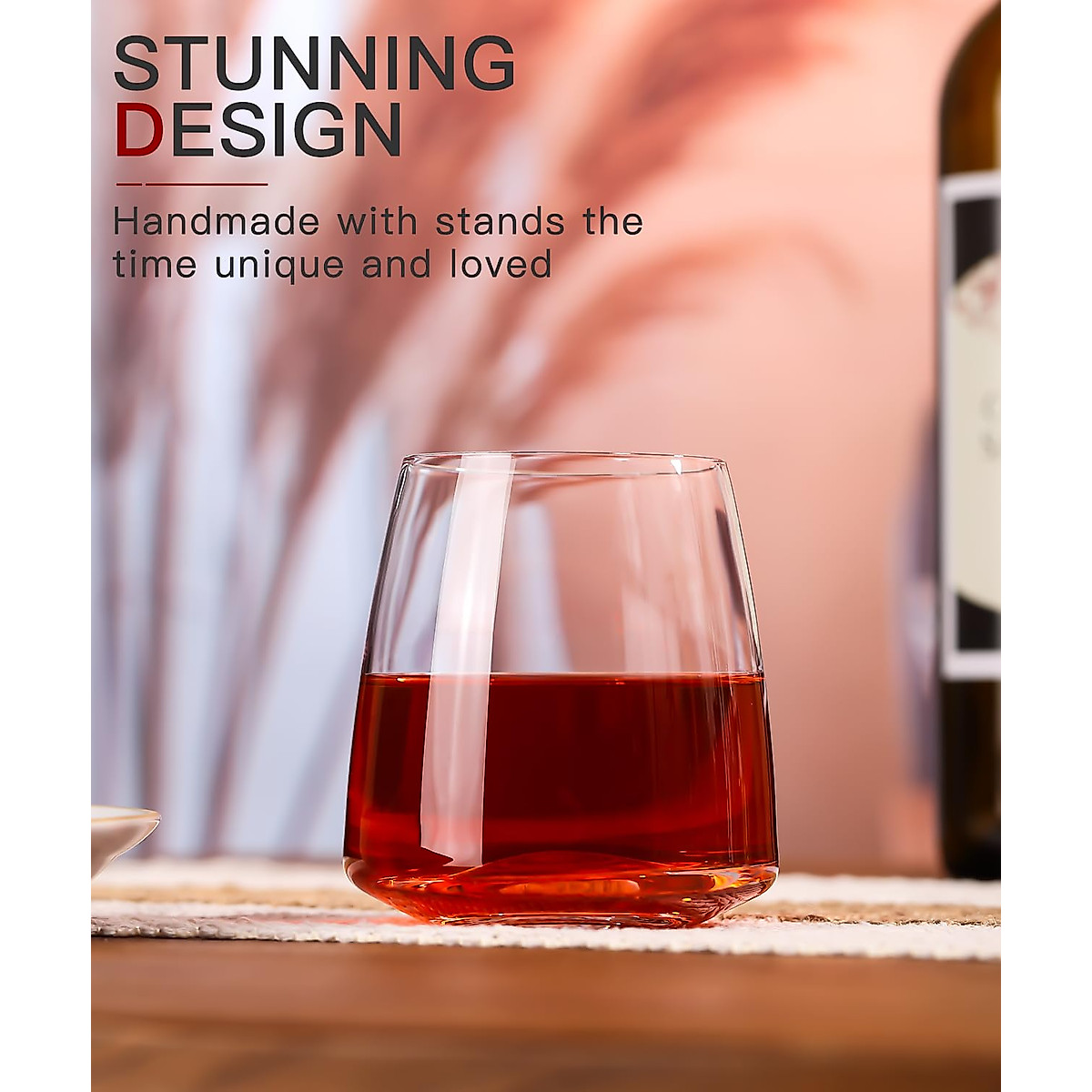 Stemless Wine Glasses Set of 4-15 oz Clear-Modern Hand-Blown Wine Glasses, European Design Crystal Glass For Red & White Wine, Unique Gifts for Wedding, Birthday，Christmas