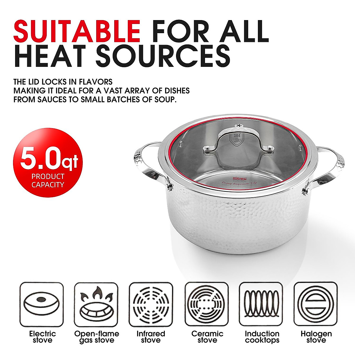 DSP Premium Stainless Steel Stockpot 5 Quart with Lid - Versatile Induction & Multi-Stove Compatible Large Cooking Pot, Ideal for Soup, Gumbo & Stew, Durable, Dishwasher Safe