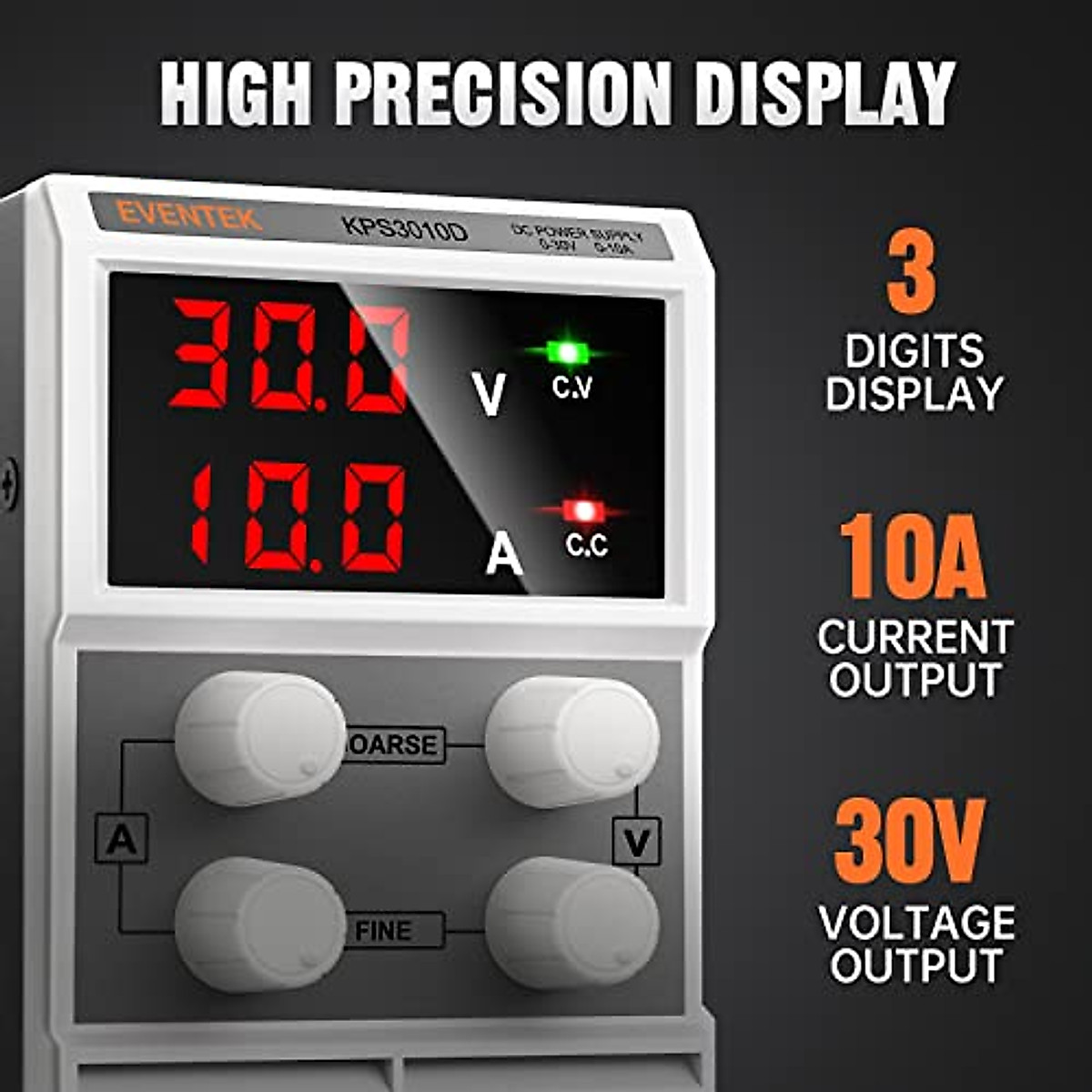 DC Power Supply Adjustable (30V 10A), Eventek Variable Switching Regulated Digital Power Supply with Alligator Leads US Power Cord (30V 10A)