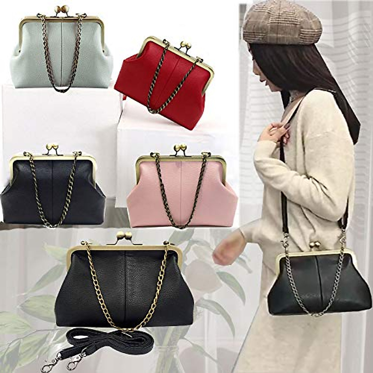 Abuyall Women Small Retro Purse Vintage Top Handle Handbag Kiss Lock Shoulder Bag Black