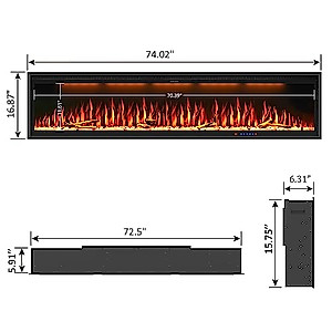 Benrocks 74'' Slim Electric Fireplace Inserts - WiFi-Enabled, Alexa & App Control, Recessed & Wall Mounted, 13 * 13 * 3 Flame Color Combinations, 750W/1500W, Black