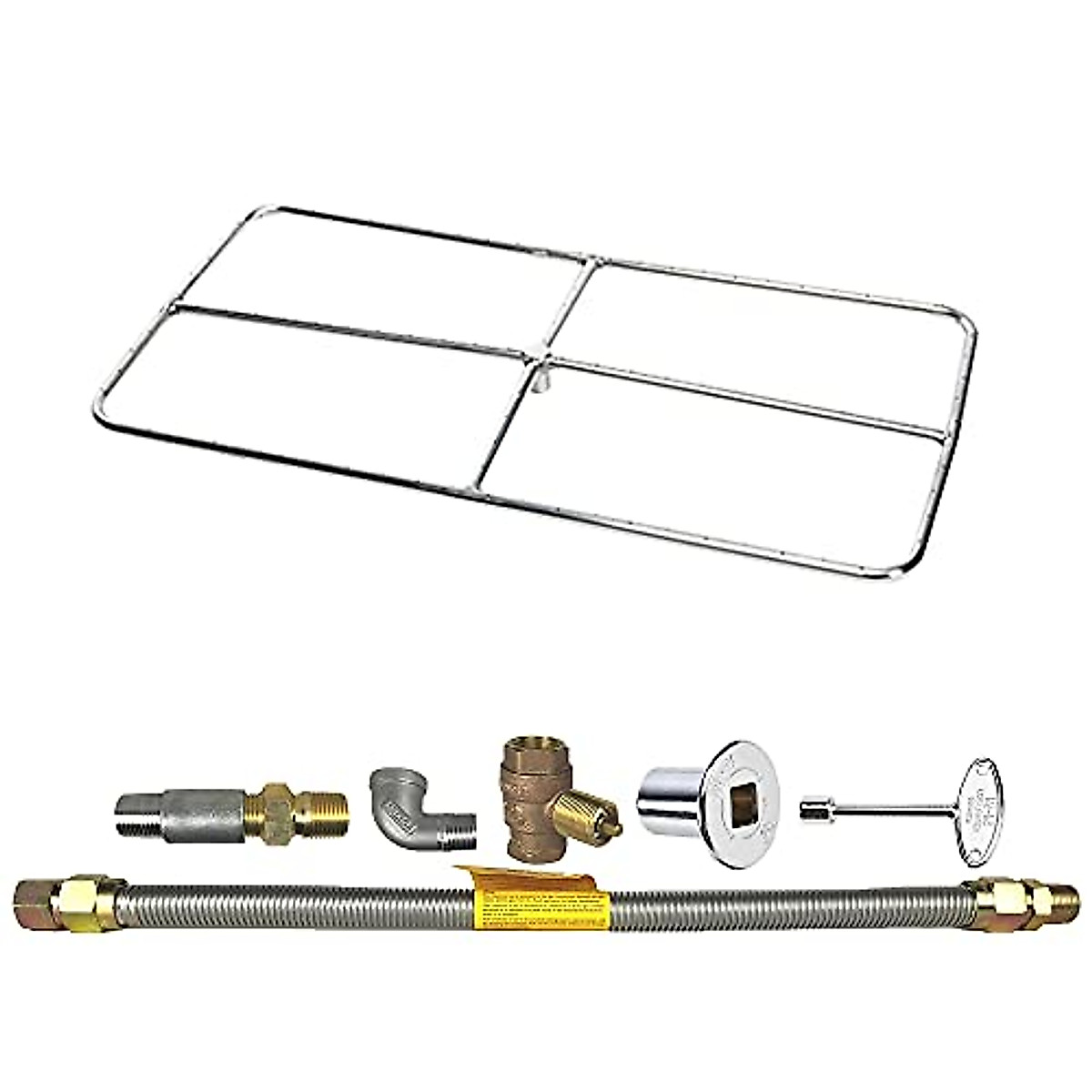Spotix HPC Rectangle Match Lit Fire Pit Burner Kit (FPSR36X18KIT-LP-MSCB) with 24x12Inch Stainless Steel Burner, Propane, Polished Chrome, with Flange, Key, Valve, Flex Line and Fittings