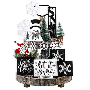 FairySandy 15 Pcs Winter Tiered Tray Decor Set Black and White Snowflake Table Wood Decoration Snowman Wooden Sign Rustic Farmhouse Coffee Bar Signs Winter Tray Decor for Home Xmas Holiday Tabletop