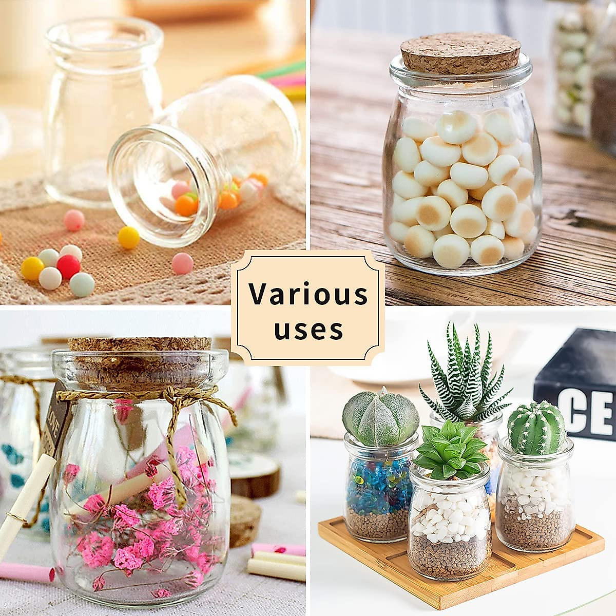 TAOUNOA 29 Pcs Small Glass Jars with Cork Lids, 5 oz Yogurt Jars Candle Jars Mini Glass Bottles Wedding Favor Jars Little Pudding Jars with String