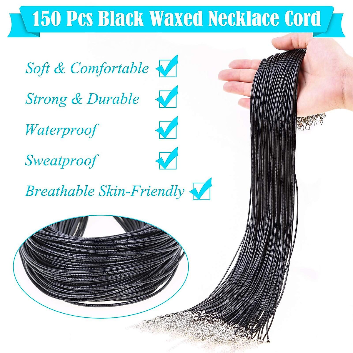 Paxcoo 150Pcs Black Necklace String Cord Bulk for Charms Pendants, Waxed Cotton Cord with Jewelry Clasps for Bracelets, Necklaces, Jewelry Making and Beading Supplies