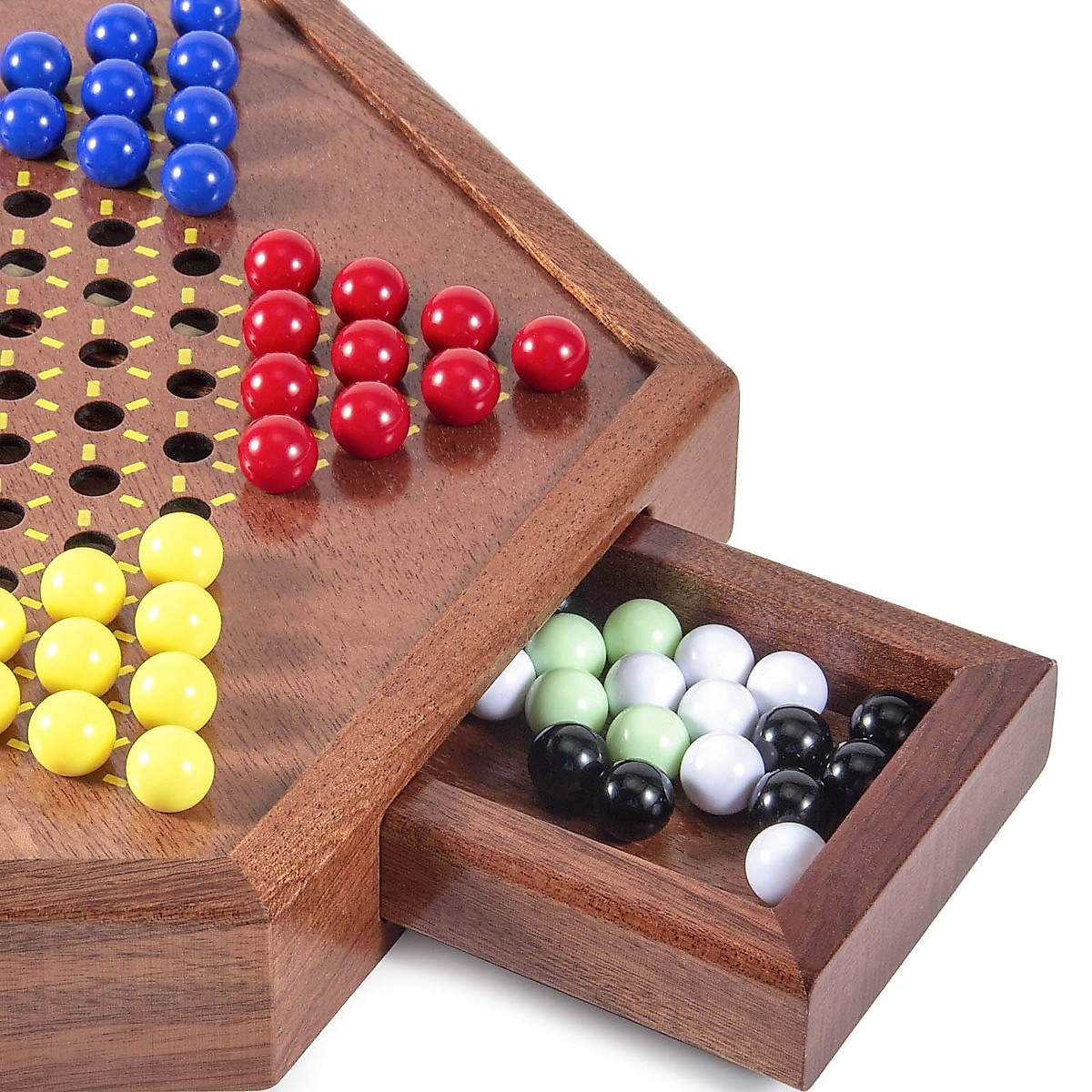 AMEROUS 12.5 inches Wooden Chinese Checkers Set with Storage Drawer - 60 Acrylic Marbles in 6 Colors - 12 Bonus Spare Marbles, Classic Strategy Family Board Game for Kids and Adults