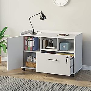 Rolanstar File Cabinet with Charging Station, Mobile Lateral Filing Cabinet with Locking Drawer, Printer Stand with Open Storage Shelf with Wheels, for Letter/Legal/A4 Size Files, White