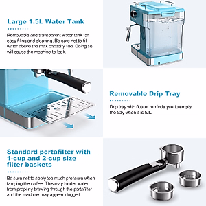 Galanz Retro Espresso Machine with Milk Frother, 15 Bar Pump Professional Cappuccino and Latte Machine, 1.5L Removable Water Tank, Retro Blue, 1350 W