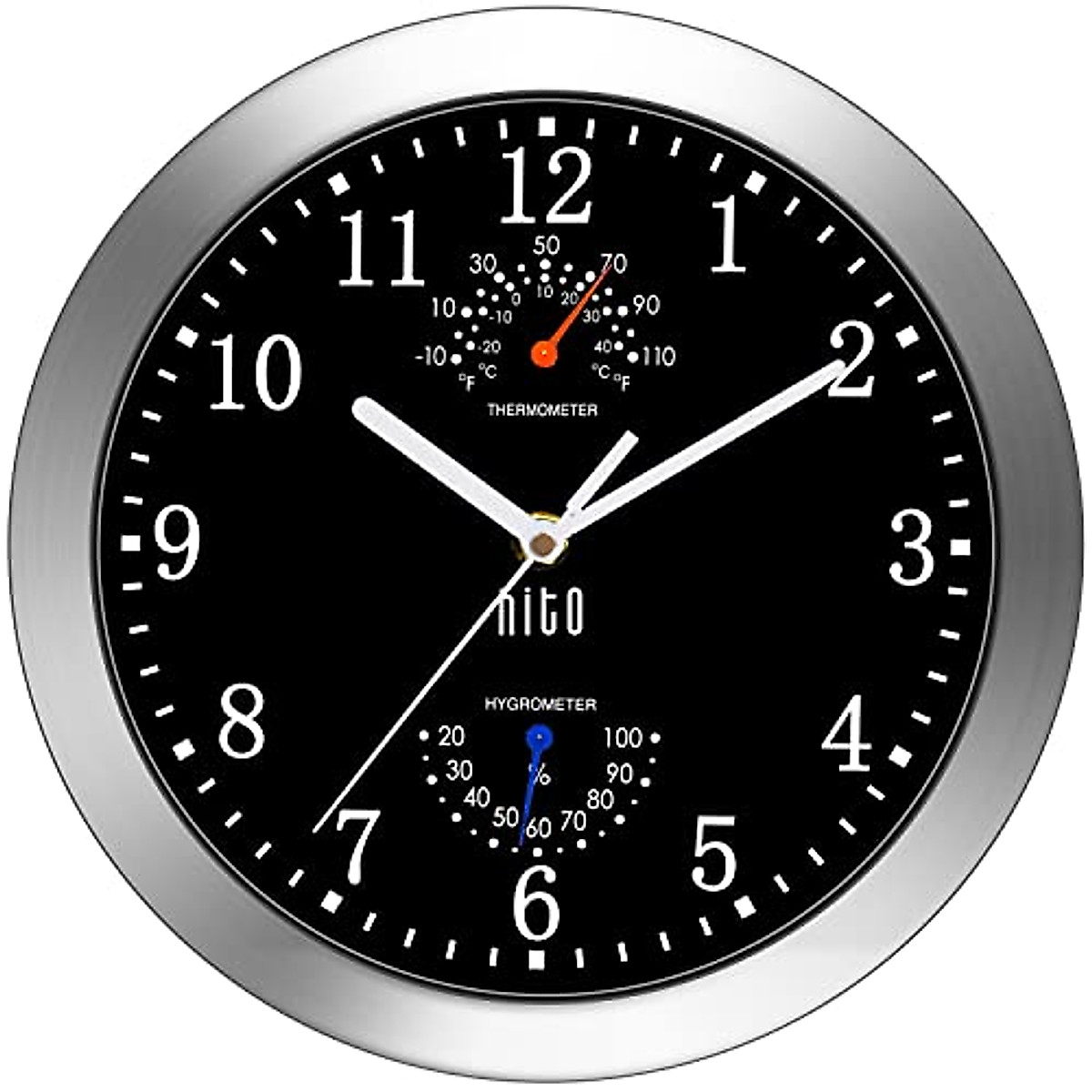 HITO 10” Silent Wall Clock Battery Operated Non Ticking Sweep Movement Glass Cover Silver Aluminum Frame, for Kitchen, Bedroom, Home Office, Living Room Decor (Black)