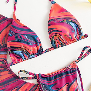 3 piece swimsuit for women Sexy Cutout Mesh High Neck Beach Cover Up, Padded Floral Print String Bikini Sets (L, Red)