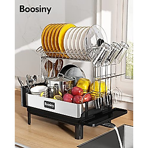 BOOSINY Dish Drying Rack with Drainboard Set, 304 Stainless Steel Dish Rack, 2 Tier Extra Large Dish Drainer with Cup Holder and Utensil Holder for Kitchen Counter of Big Family