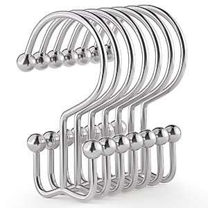 Goowin Shower Curtain Hooks, 12 Pcs Shower Curtain Rings, Durable Rust Proof Silver Shower Curtain Hooks, Shower Rings for Curtain, Double Glide Shower Curtain Hooks for Shower Curtain Rods, Chrome