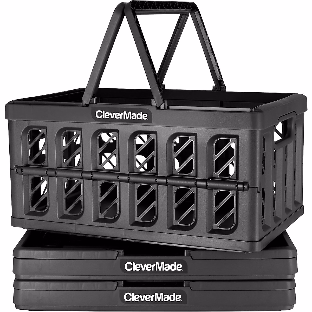 CleverMade Collapsible Shopping Basket, Obsidian, 3PK - 24L (6 Gal) Reusable Plastic Grocery Shopping Baskets, Holds 25lbs Per Basket - Small Foldable Storage Crates with Handles