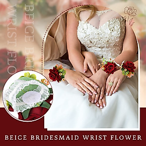 Sherr Set of 12 Rose Wrist Corsages for Wedding Corsage Flower Wristlet Floral Wedding Wrist Bridal Rose Leaf Hand Flowers for Bride Bridesmaid Prom Engagement Festival(Wine Red)