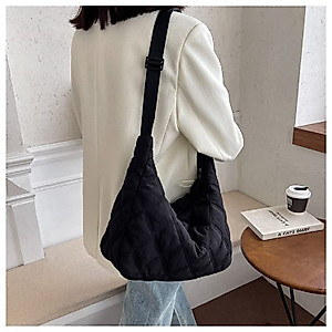 Retro Embroidered Plaid Nylon Shoulder Bag Tote Bag for Fall Winter, Aesthetic Harajuku Handbag Fluffy Y2k Messenger Bag (Black)