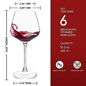 UMI UMIZILI Wine Glasses 15.5oz, Set of 6 Wine Glass for Red White Wine, Long Stem Glassware, Clear, Dishwasher Safe