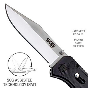 SOG Flare Folding and Pocket Knife Assisted Opening Tech Knife w/ 3.5 Inch Stainless Straight Edge Blade & Tactical Knife GRN Grip (FLA1001-CP), Black