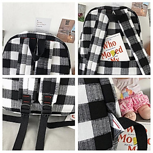 MININAI Plaid Backpack with Kawaii Pins and Pendant Cute Korean Preppy Aesthetic Book Bag Casual Daypack Fit 15.6 Inch Laptop (One Size,Black)