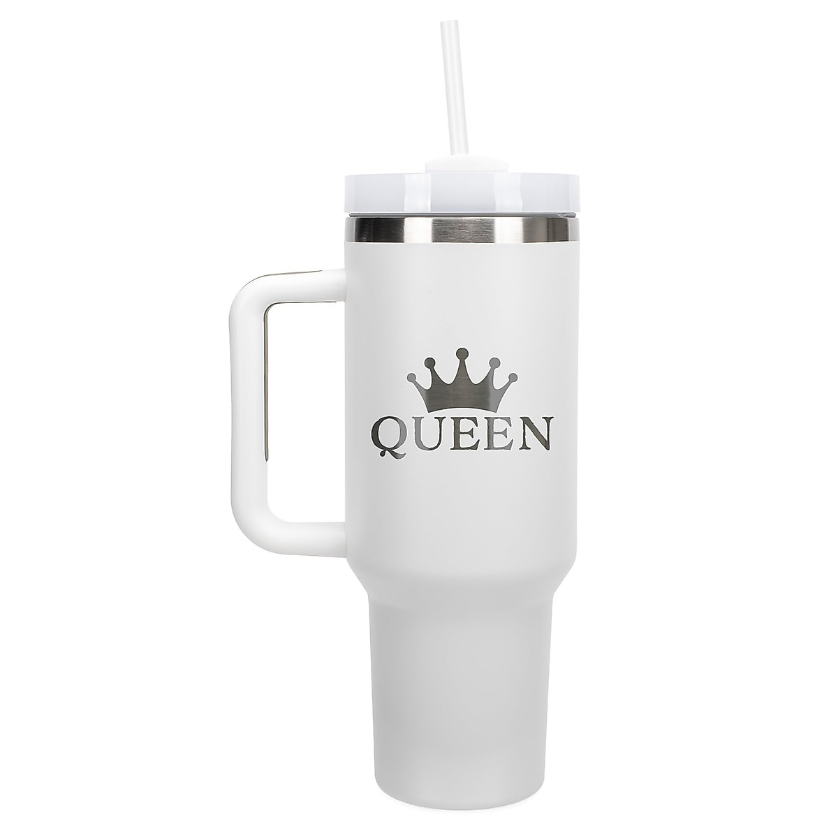 100 North Queen Royal Crown Wrap-Around 40 Oz. Stainless Steel Water Bottle Coffee Mug, Spill & Leak Resistant, Travel Tumbler with Handle, Lid & Straw, White