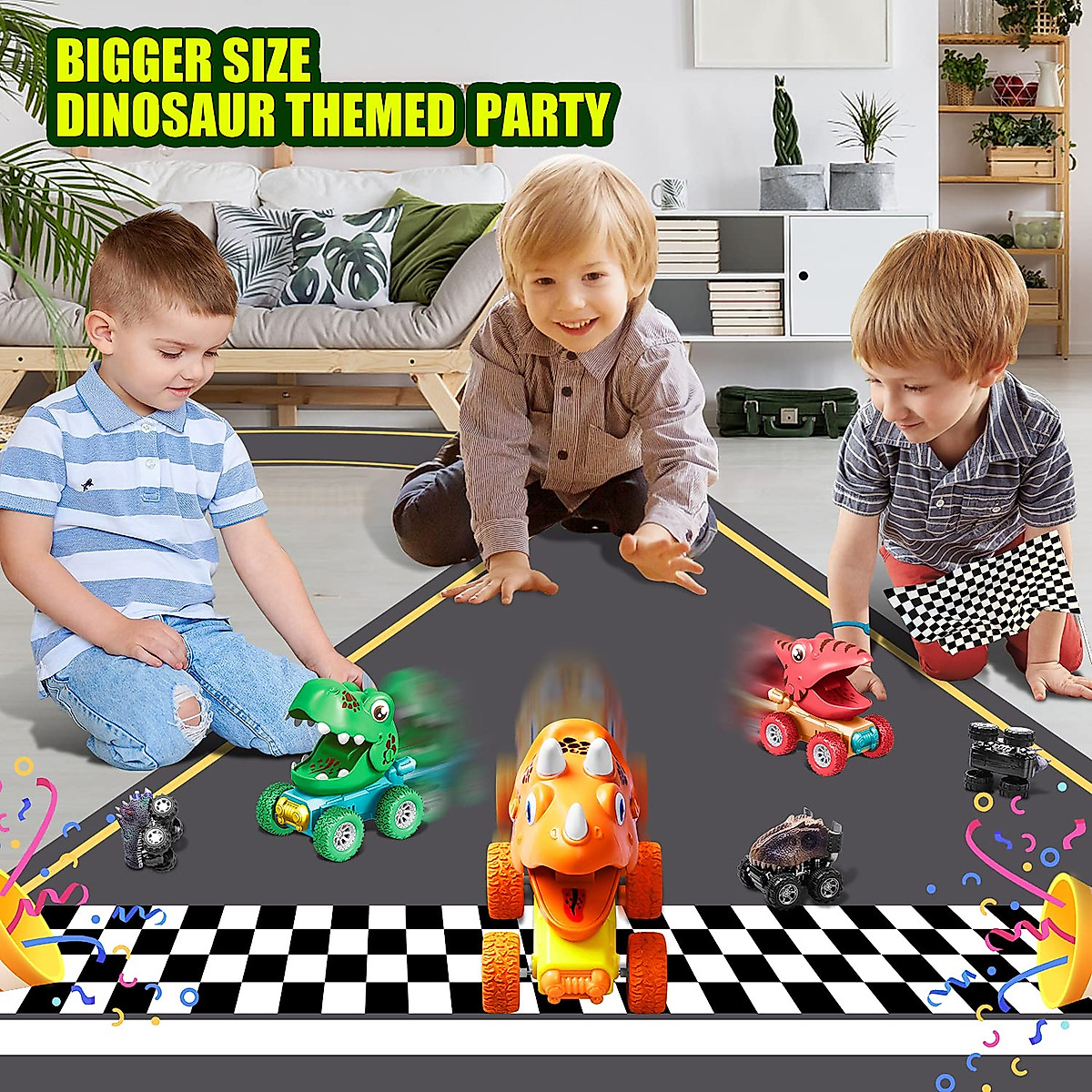 Dinosaur Toys for 2-5 Year Old Boys, Flashing Lights and Roar Music, 3pcs Pull Back Cars, Monster Trucks Christmas Birthday Gifts for Kids