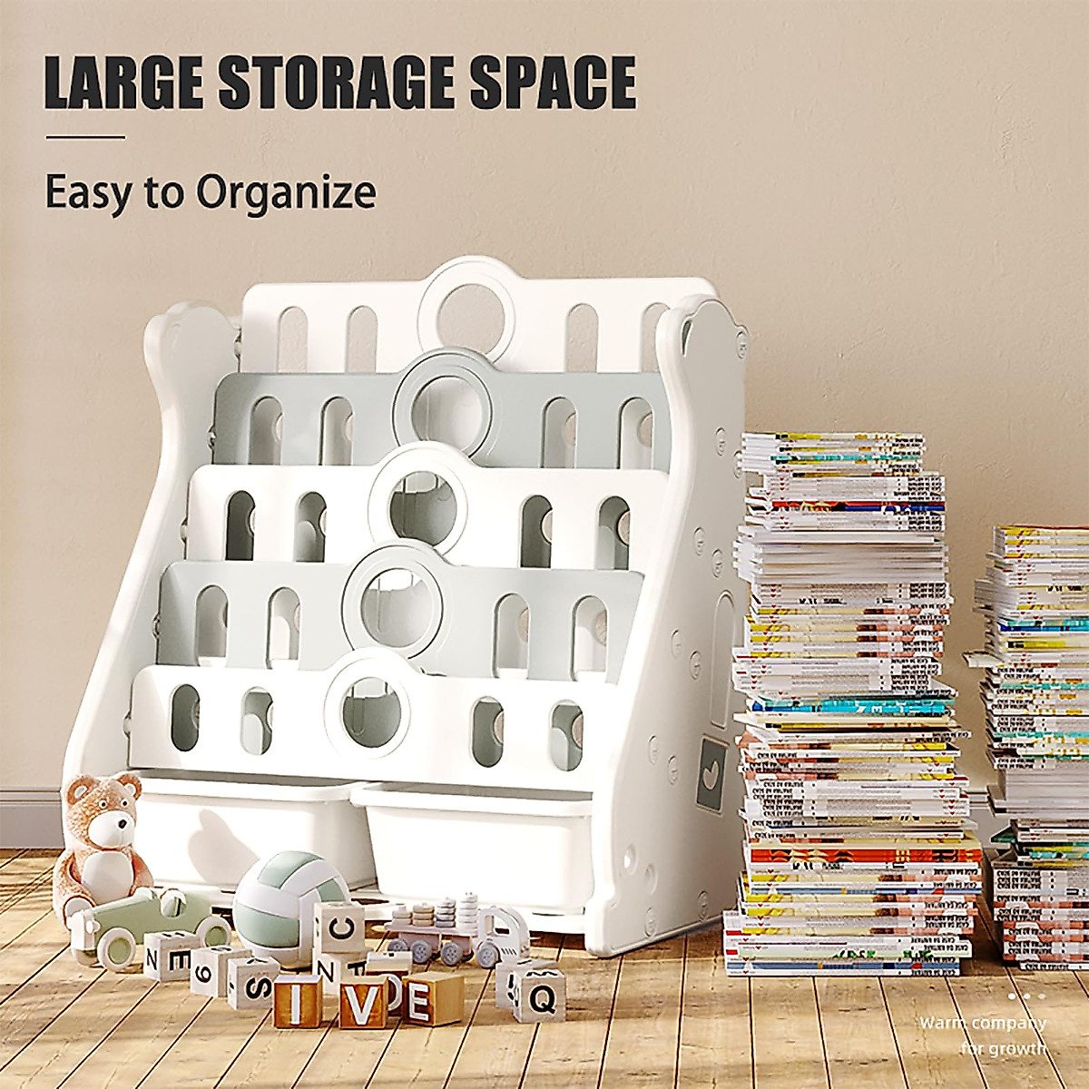 Deer COCO Kids Bookshelf 4 Tier Small Bookcase Organizer for Kids Room, Nursery Book Shelf Sling Bookshelf Toy Storage for Children, Montessori Bookshelf (Grey)