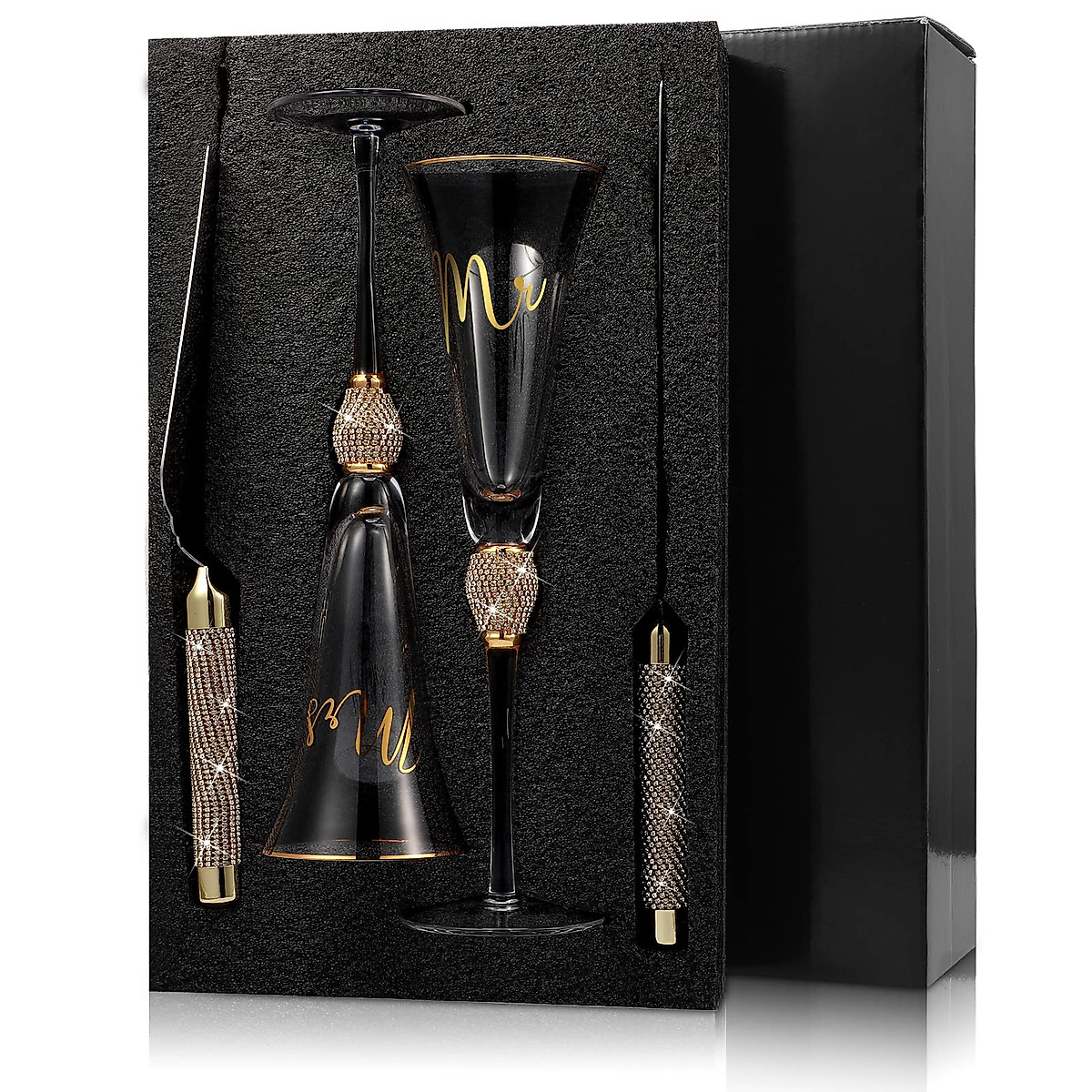 Boao 4 Piece Wedding Toasting Flutes and Cake Server Set Wedding Reception Supplies Champagne Glasses Cake Knife Pie Server (Gold)