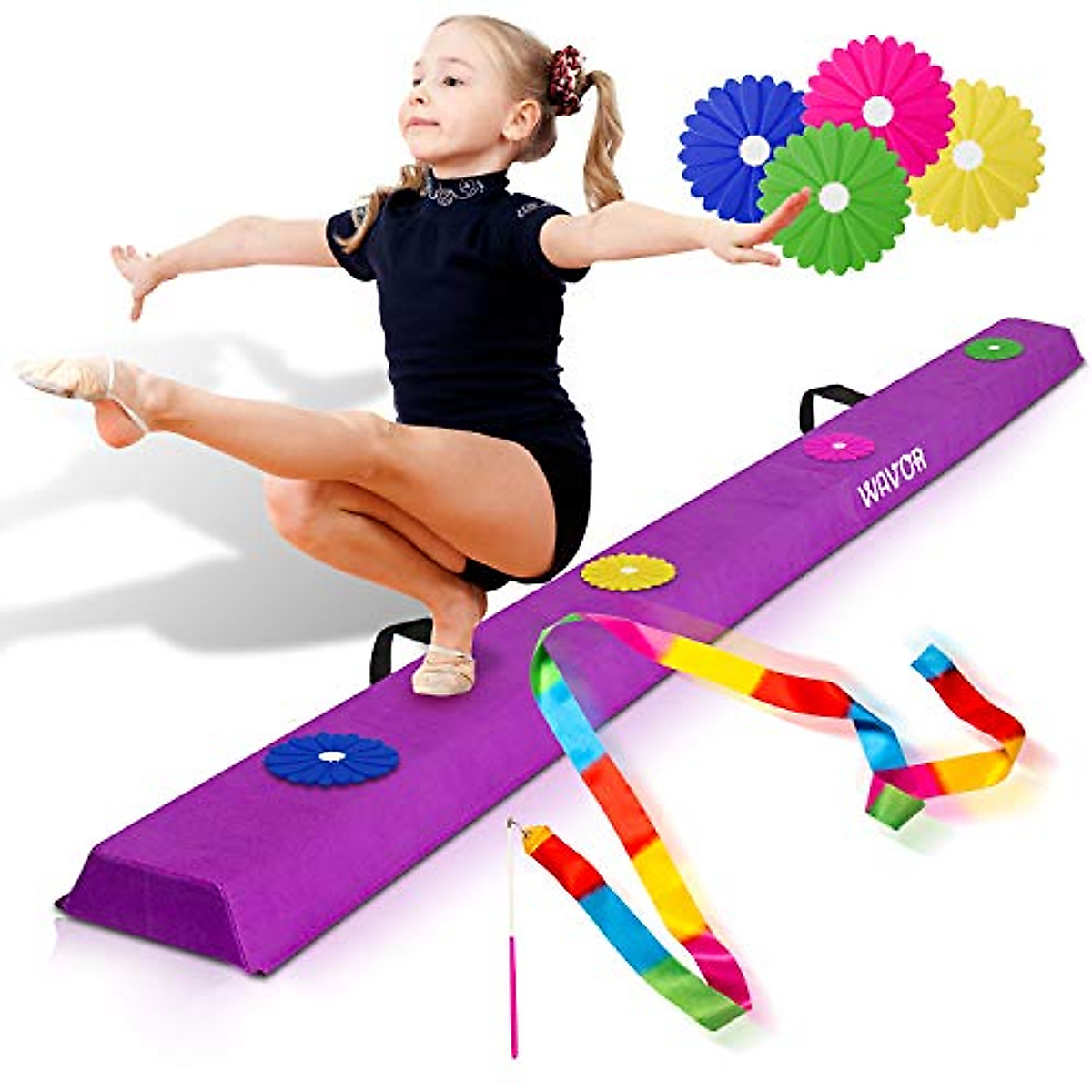 Wavor 8ft Balance Beam: 4 Flowers, 2 Ribbons, Foldable, Easy to Carry, Stable, Firm, 2 Color Options, 4-Inch Wide Kids Gymnastics Beam