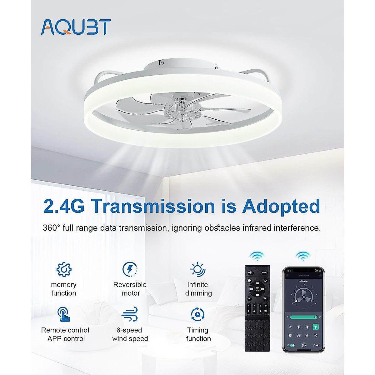 AQUBT Ceiling Fans with Lights and Remote, 20" Modern Low Profile Ceiling Fan with Light, Stepless Color Temperature Change and 6 Speeds, Flush Mount Ceiling Fans for Bedroom, Kids Room.（White）