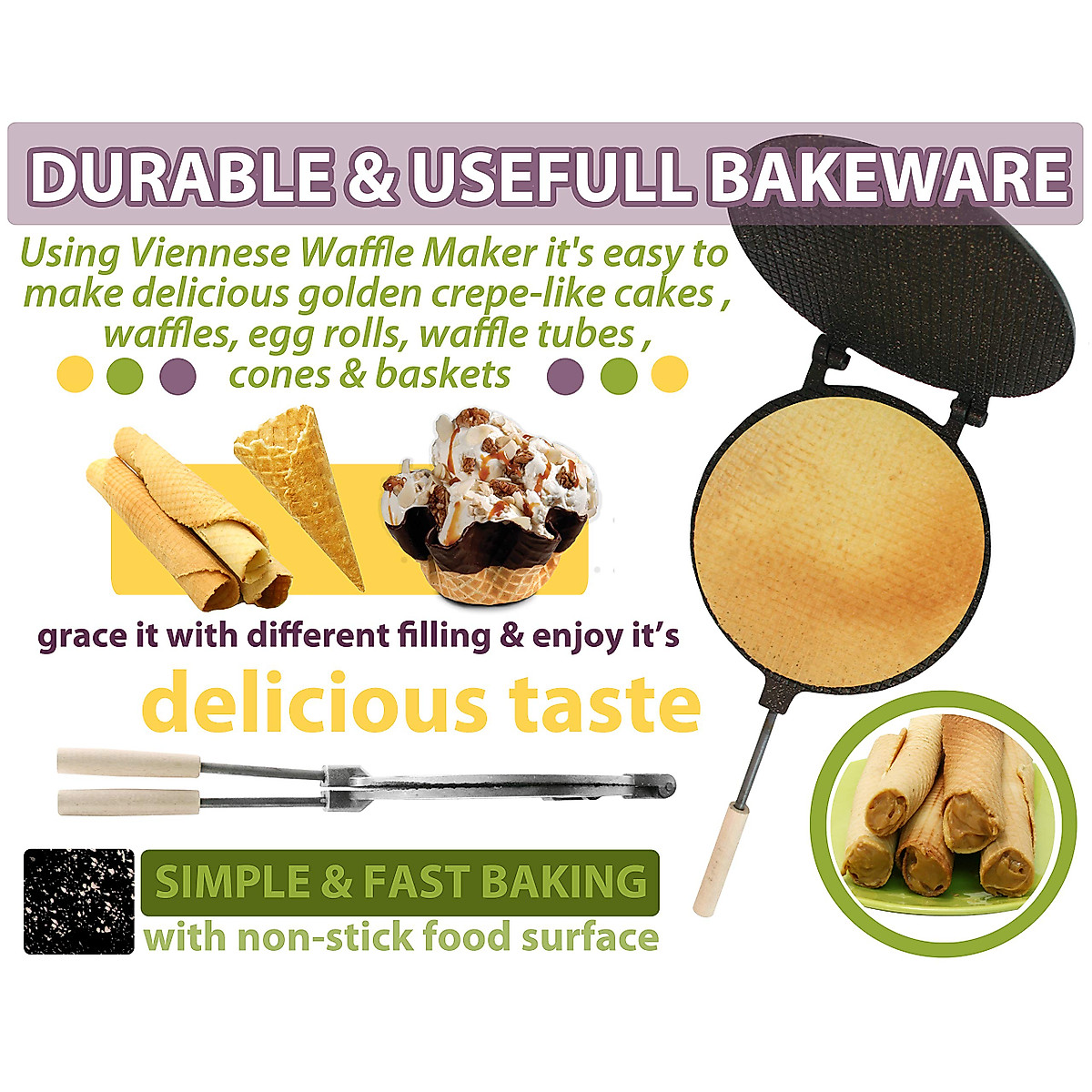 PetriStor Waffle Maker Round Has Nonstick Coating Size 8 in - Waffle Cone Maker - Krumkake Iron - Wafer Maker - Waffle Cone Maker Machine - Stroopwafel Maker - Ice Cream Cone Maker