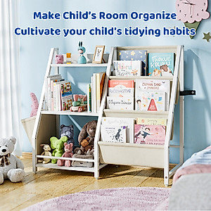 HAVLOTII Kids Bookshelf and Toy Organizer, 3 Tier Bookshelf for Kids, Montessori Bookcase Book Shelf for Kids Rooms, Bedroom, Playroom, Nursery, Toy Storage Organizer with Bookshelf (White)