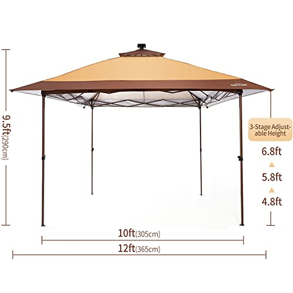 Suntime 12x12 Instant Pop Up Gazebo Canopy Tent Shelter with Solar LED Lights, Zippered Mesh Mosquito Netting, Wheeled Roller Carry Bag, Bonus Weight Sandbags, Stakes, Ropes - Brown