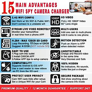 Spy Camera Hidden Camera - WiFi Hidden Camera Charger with Remote View- HD 1080P - Spy Cam - Nanny Cam Hidden Camera - Small Secret Camera - Premium Indoor Hidden Security Camera- Motion Detection