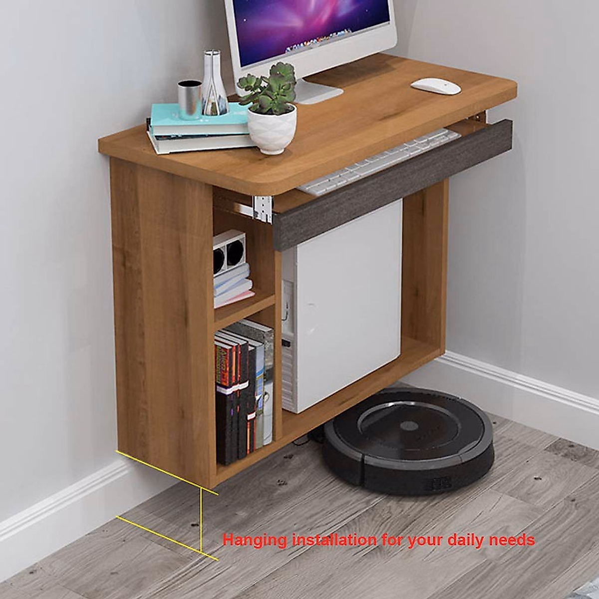 Floating shelf Floating Wall Computer Desk Study Desk with Bookshelves Home Laptop Notebook Table Writing Desk Office Workstation Hanging Desk Drop-Leaf Table Learning Desk with Keyboard Tray and Stor