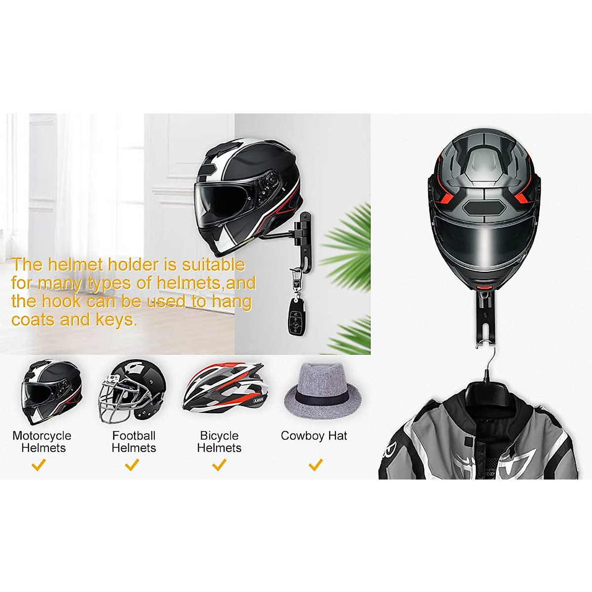 PAHTTO Motorcycle Helmet Holder, Helmet Rack Wall Mount 180 Degree Rotation Helmet Hanger with Double Hook for Coats, Caps, Hats, Motorcycle Accessories
