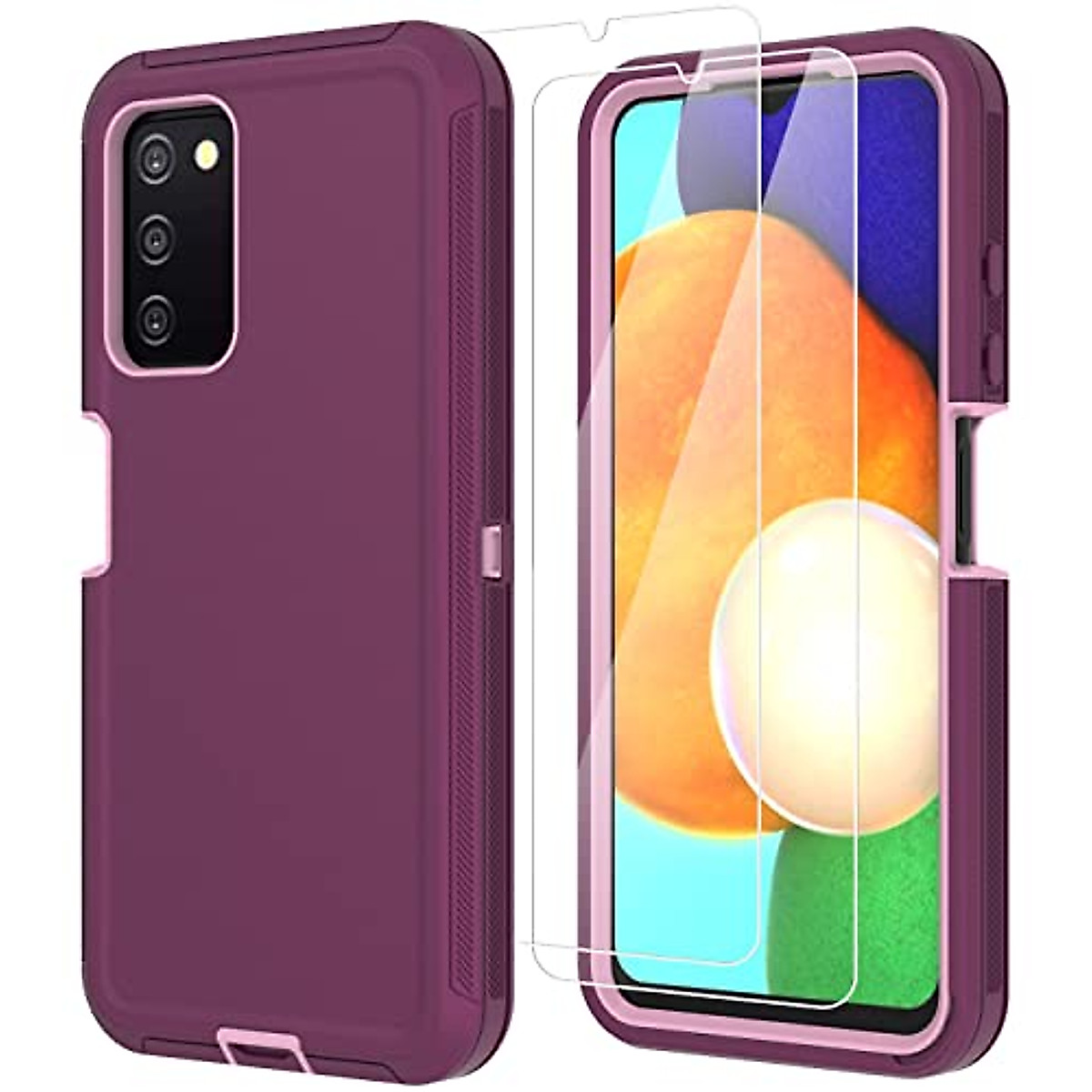 Qinmay for Samsung Galaxy A03S Case with HD Screen Protector [2 Packs], [Not Fit A02S] Shockproof Dustproof 3 in 1 Durable Phone Case, WineRed Pink