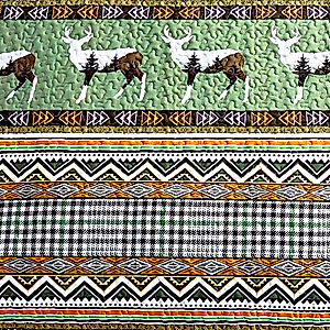 Mocaletto Boho Quilts Queen Size,Reversible Rustic Deer Lodge Cabin Quilt Set,Patchwork Green Bedding Set with Pillow Shams,Bohemian Stripes Bedspread,Lightweight Microfiber Coverlet