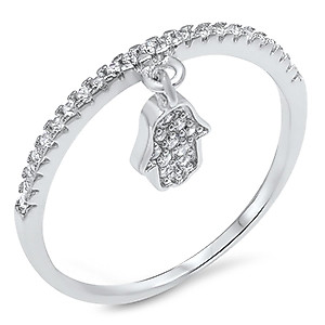 White CZ Dangling Hamsa Ring New 925 Sterling Silver Hand of God Band Size 6