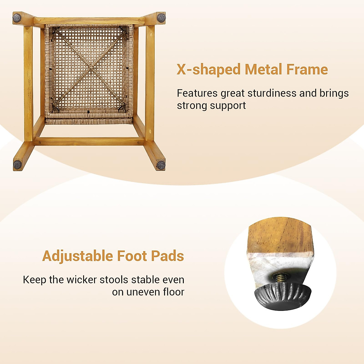 HAPPYGRILL Wicker Bar Stools Set of 2, Patio Chairs with Solid Wood Frame, Ergonomic Footrest, Indoor Outdoor Bar Height Chairs for Backyard Poolside Garden