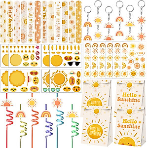 Erweicet Boho Sun Party Favors 72 PCS Sunshine Slap Bracelet Boho Rainbow Temporary Tattoos DIY Stickers Keychain Plastic Straws Gift Bags for Kids Sun Theme Birthday Party Baby Shower
