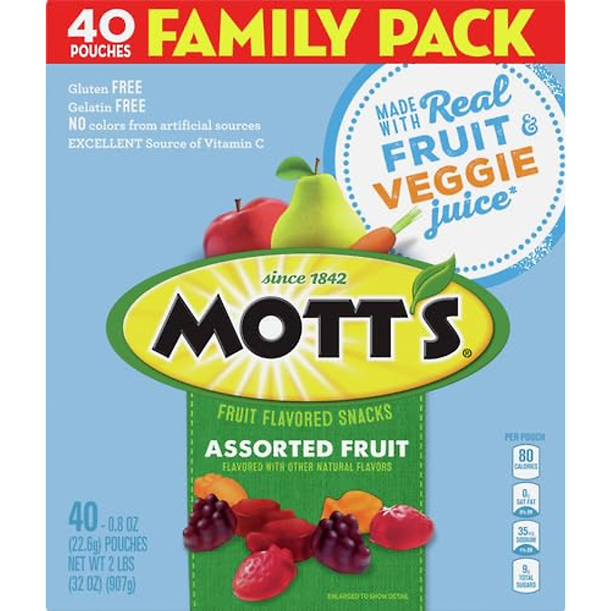 Mott's Fruit Flavored Snacks, Assorted Fruit, Pouches, 0.8 oz, 40 ct