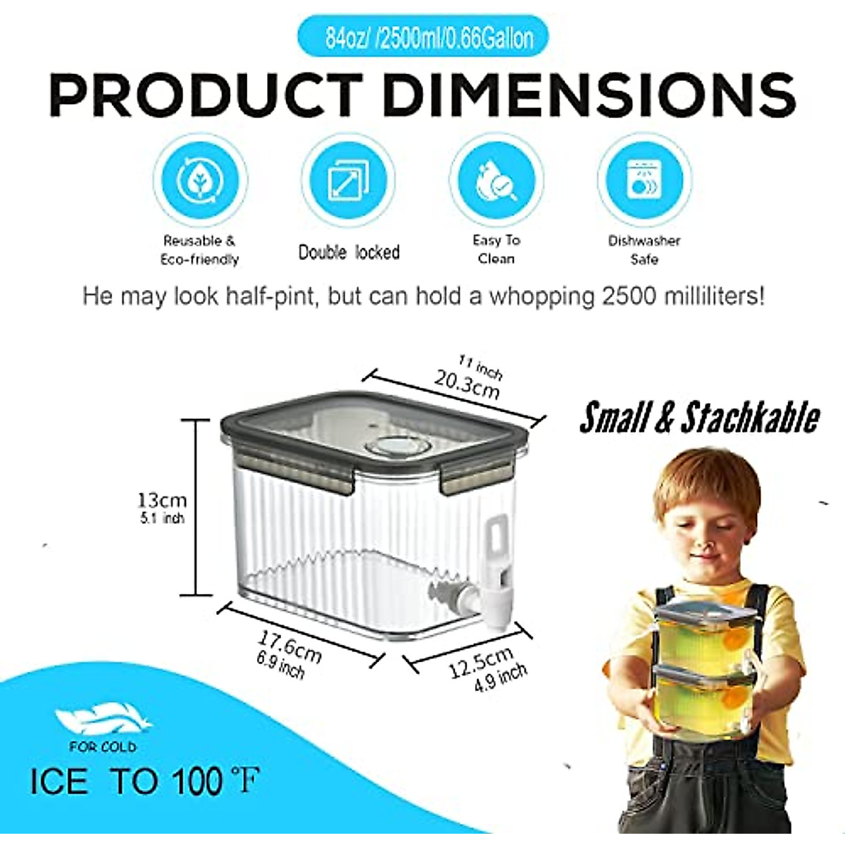 Small Drink Dispenser With Spigots, 84 Oz Plastic Fridge Beverage Dispensers Jug, 0.66 1/2 Gallon 2.5L Ice Tea Milk Lemonade Container, Half Gallon Water Pitcher for Refrigerator (black)