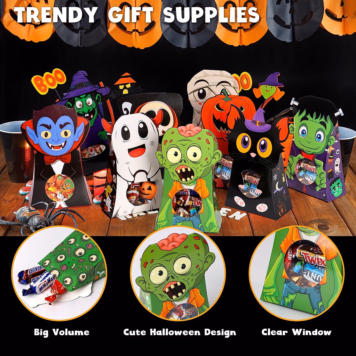 Halloween Treat Boxes Bulk-54pcs Halloween Goodies Candy Boxes with Window, Halloween Party Favors Candy Boxes Pack, Trick or Treat Cookies Box Gift Bags Set, Non-candy Treat Gift Boxes Bulk 9 Designs