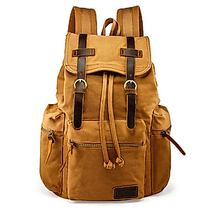 GEARONIC 21L Vintage Canvas Backpack for Men Women Leather Rucksack Knapsack 15 inch Laptop Tote Satchel College Military Army Shoulder Rucksack Hiking Bag-Yellow