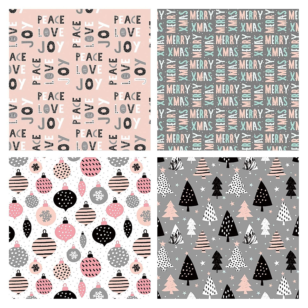 WRAPAHOLIC Christmas Kraft Wrapping Paper Roll - Pink and Grey Christmas Set for Holiday, Party Deco - 4 Rolls - 30 Inch X 120 Inch Per Roll