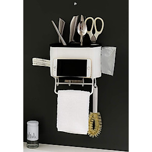 CHERISH Kitchen Multifunctional Wall Storage Rack, Adhesive Wall Mount Cutlery Knife Holder Hanger, Kitchen Cooking Utensil Holder Caddy with Phone Holder and 4 Hooks, Spoon and Fork Holder Rack