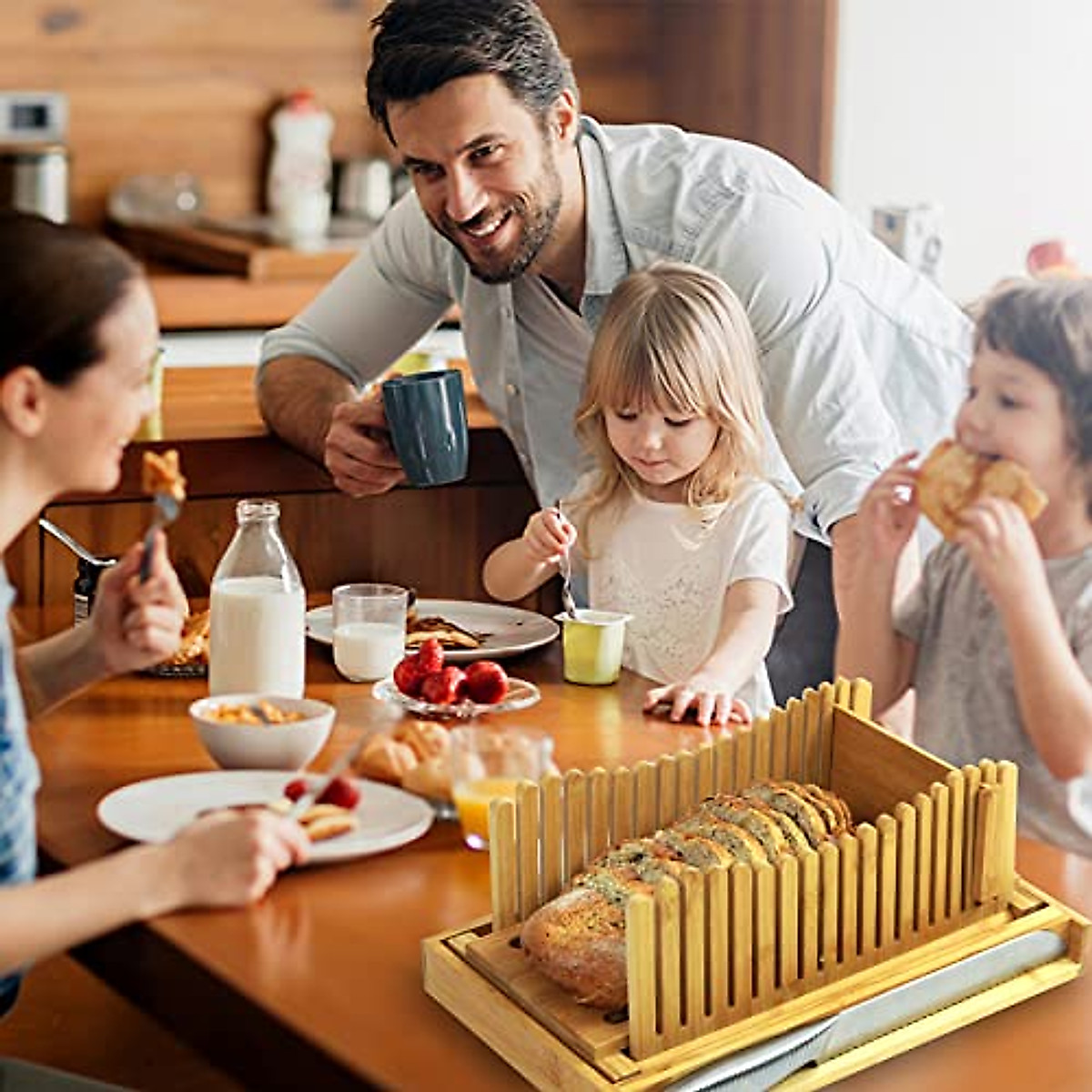 PURENJOY Bread Slicer For Homemade Bread Bamboo Bread Slicing Guide With Knife Adjustable 3 Thickness Size Foldable Bread Cutterwith Crumb Tray (13.7x8.7)