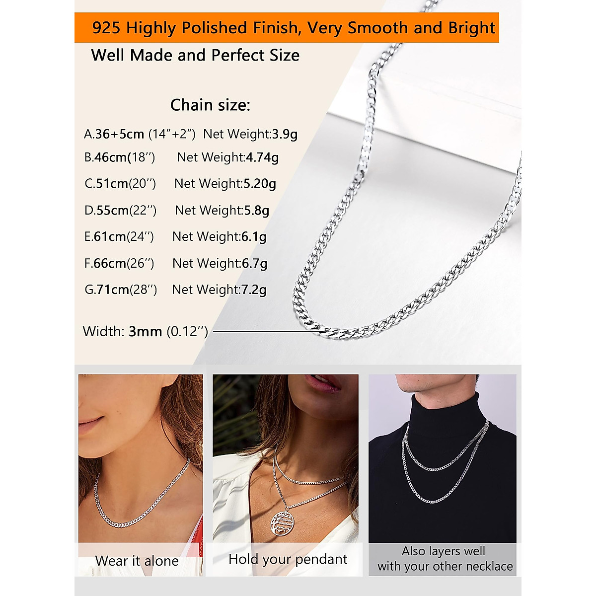 PROSTEEL 925 Sterling Silver Chain Necklace for Men Cuban Link Chains Necklace Dainty 14 inch Mens Layered Necklaces